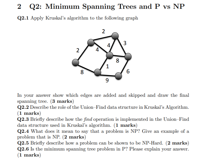 Solved 2 Q2: Minimum Spanning Trees and P vs NP Q2.1 Apply | Chegg.com