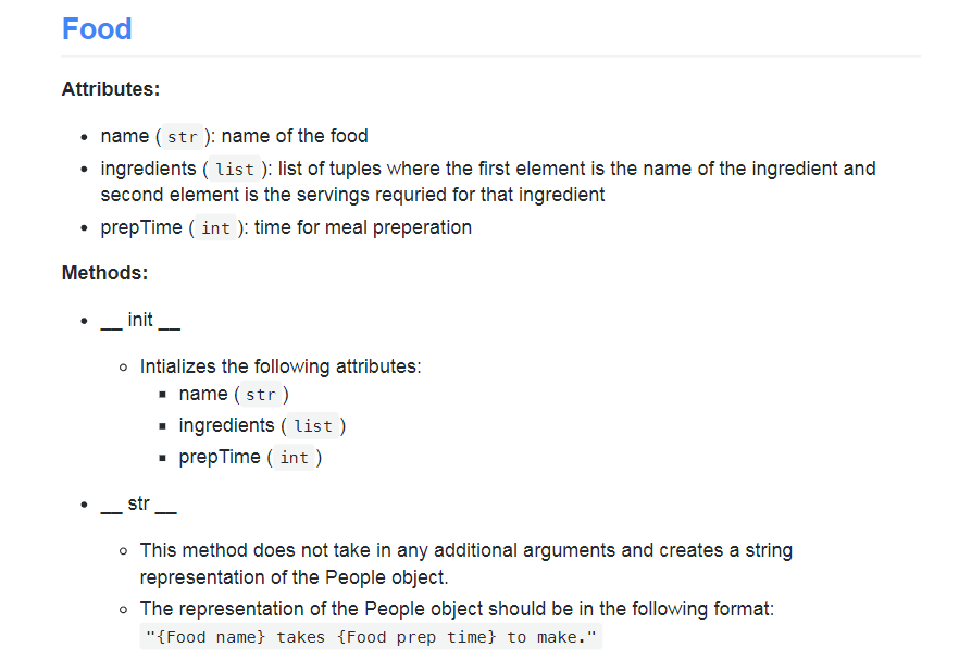 Solved Attributes: - name ( str ): name of the food - | Chegg.com