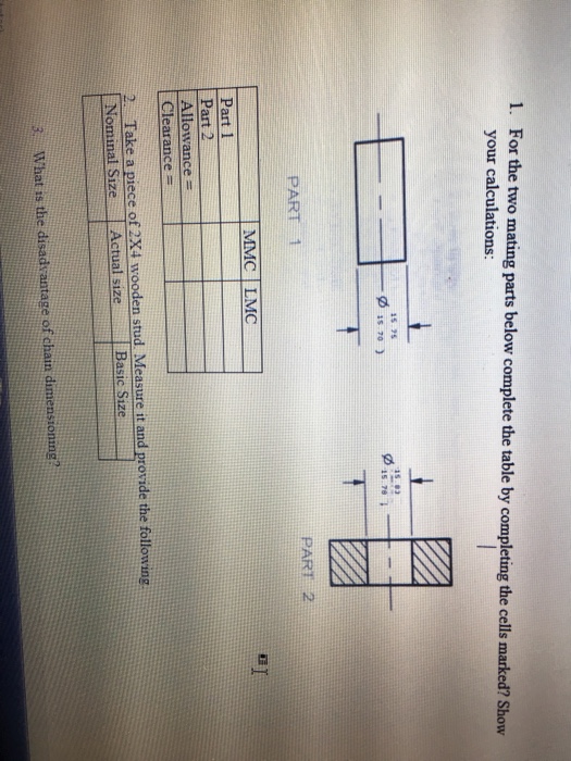 Solved 1. For the two mating parts below complete the table | Chegg.com