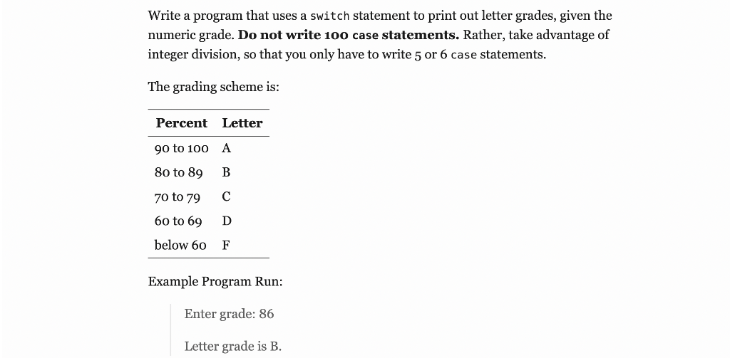 Solved Write a program that uses a switch statement to print | Chegg.com