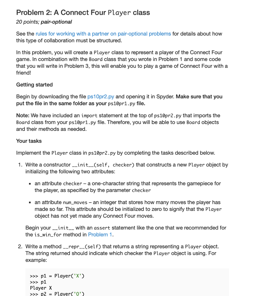 Solved Problem 2: A Connect Four Player class 20 points, | Chegg.com