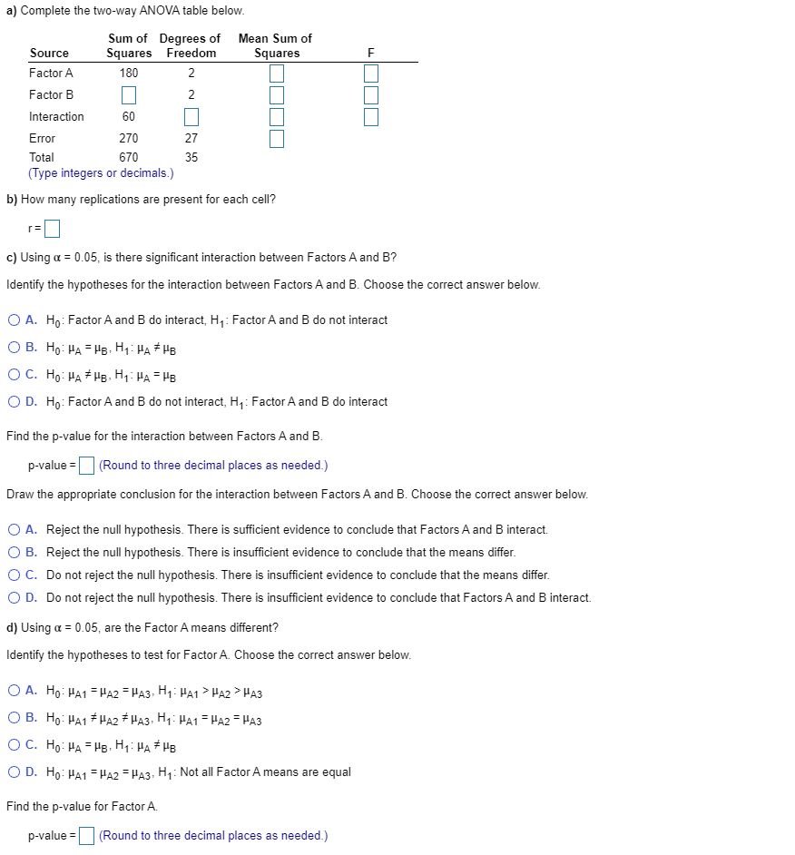 Solved a) Complete the two-way ANOVA table below. Sum of | Chegg.com