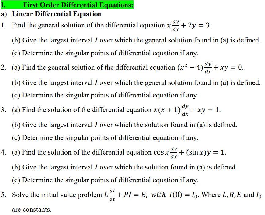 Solved I. First Order Differential Equations: a) Linear | Chegg.com