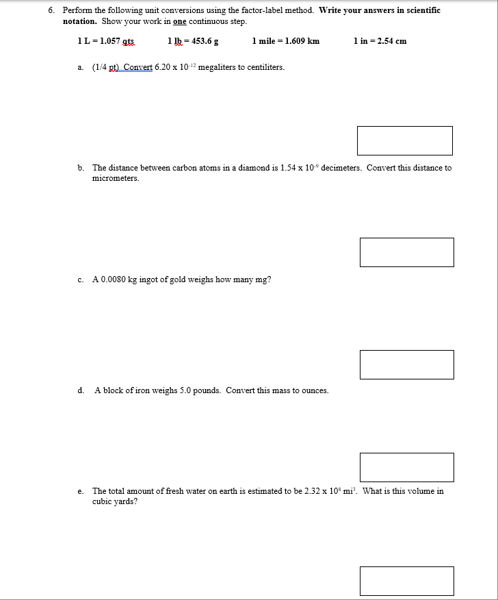 Solved 6. Perform the following unit conversions using the | Chegg.com