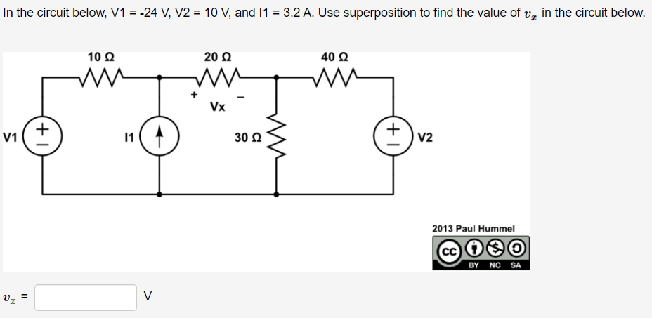 Solved In the circuit below, V1=−24 V, V2=10 V, and I1=3.2 | Chegg.com