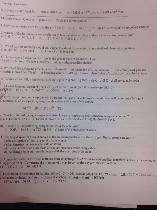 Solved Physical Constants R-00821 L.atm rnol. K: 1 atm = 760 | Chegg.com