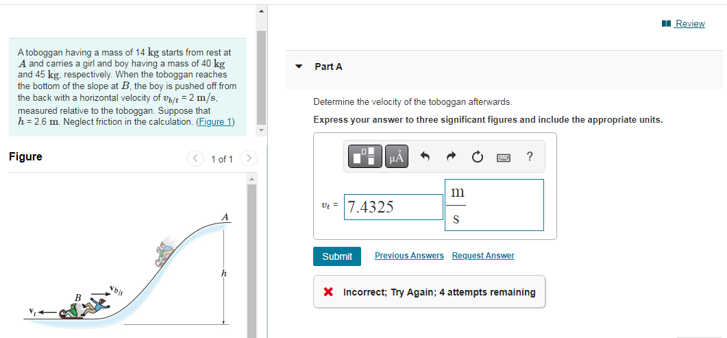 Solved A toboggan having a mass of 14 kg starts from rest at | Chegg.com