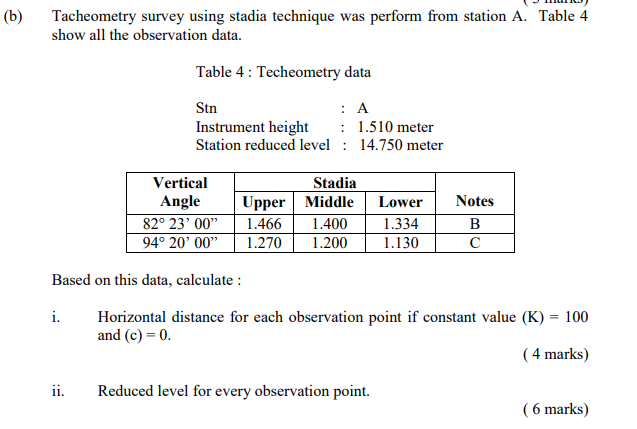 Solved (b) Tacheometry survey using stadia technique was | Chegg.com