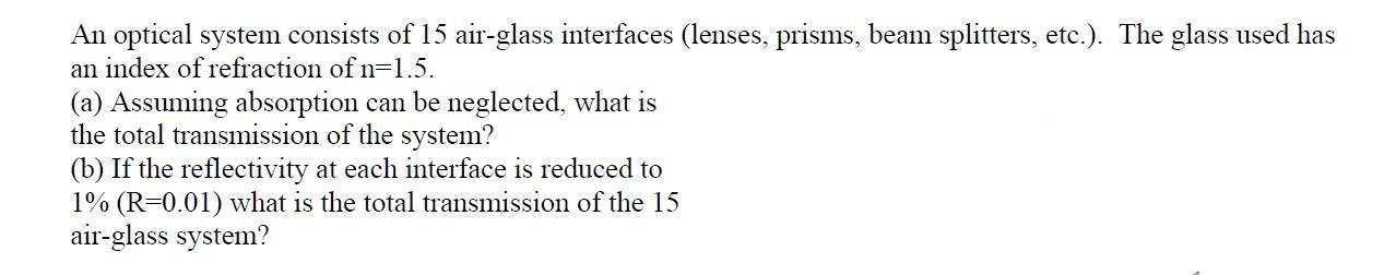Solved An optical system consists of 15 air-glass interfaces | Chegg.com