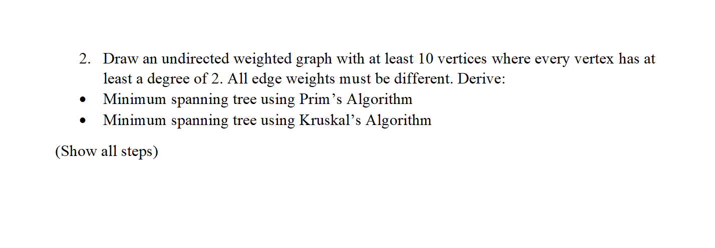 Solved 2. Draw an undirected weighted graph with at least 10 | Chegg.com
