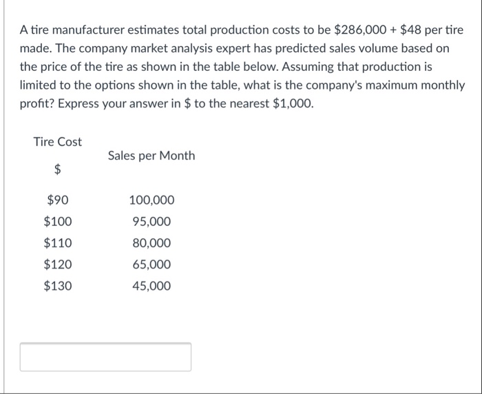 Solved A tire manufacturer estimates total production costs | Chegg.com