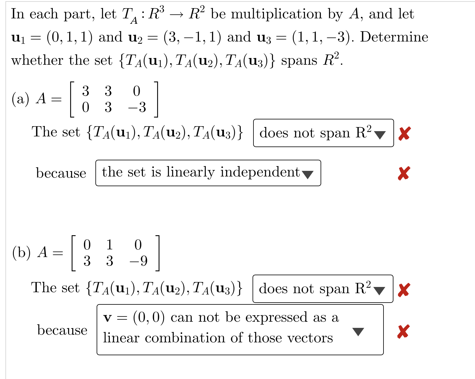 Solved In each part, let TA:R3→R2 be multiplication by A, | Chegg.com
