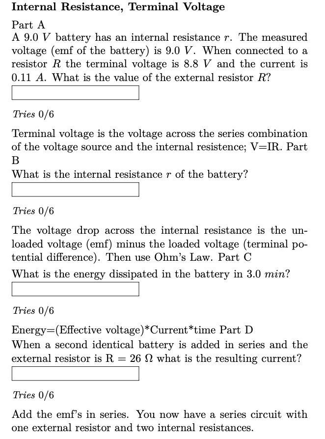 Solved Internal Resistance, Terminal Voltage Part A A 9.0 V | Chegg.com