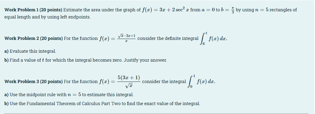 Solved Work Problem 1 (20 points) Estimate the area under | Chegg.com
