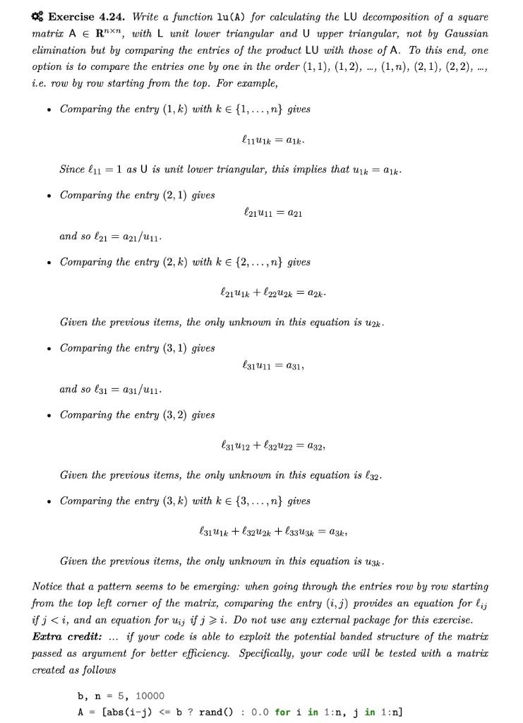 Exercise 4.24. Write a function lu(A) for calculating | Chegg.com