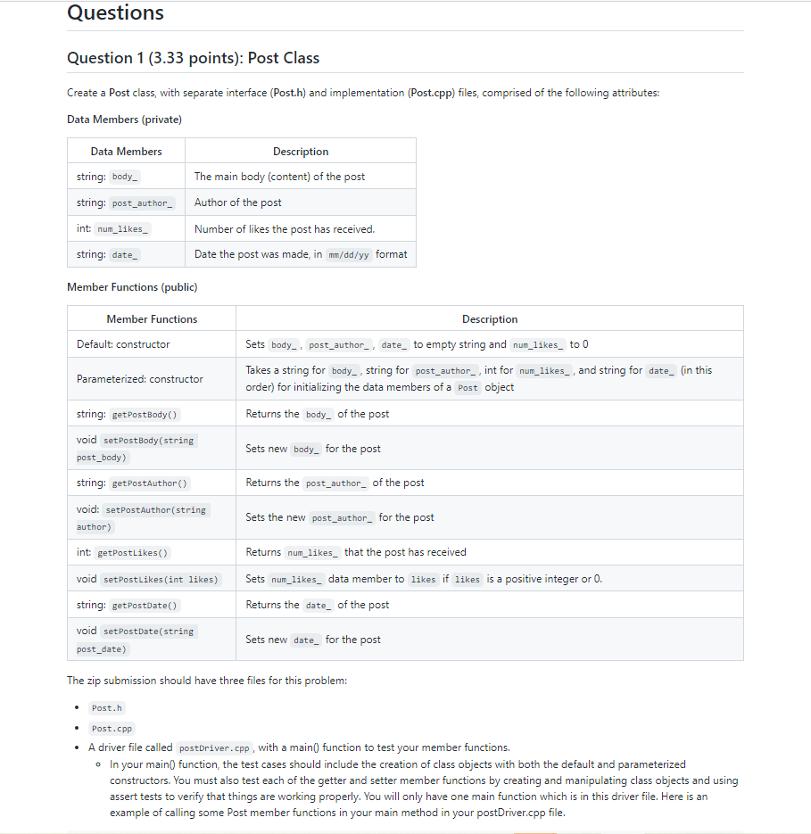 Solved Create a Post class, with separate interface (Post.h) | Chegg.com