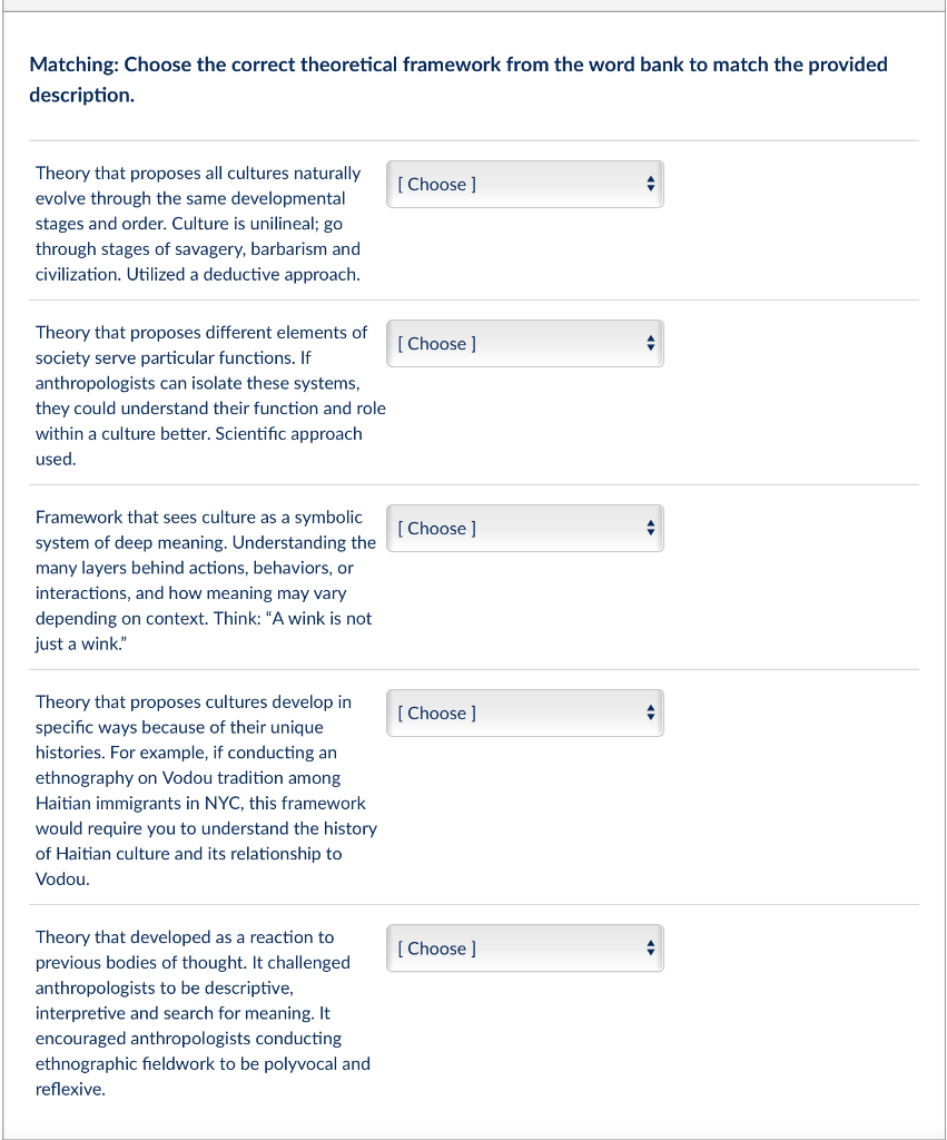 Matching: Choose the correct theoretical framework | Chegg.com