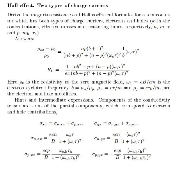 Solved Hall effect. Two types of charge carriers Derive the | Chegg.com