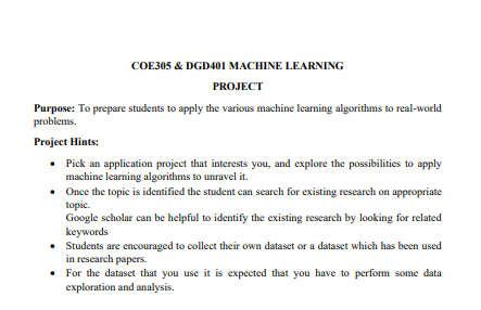 Solved COE305 \& DGD401 MACHINE LEARNING PRO.JECT Purpese: | Chegg.com