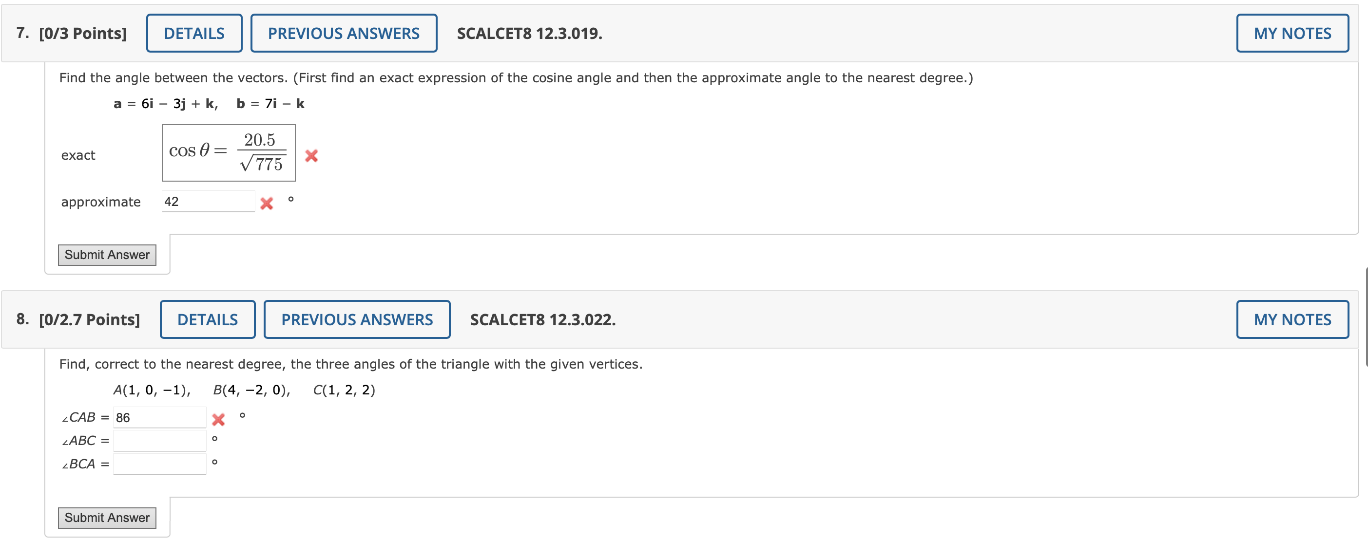 Solved [0/3 Points] SCALCET8 12.3.019. Find the angle | Chegg.com