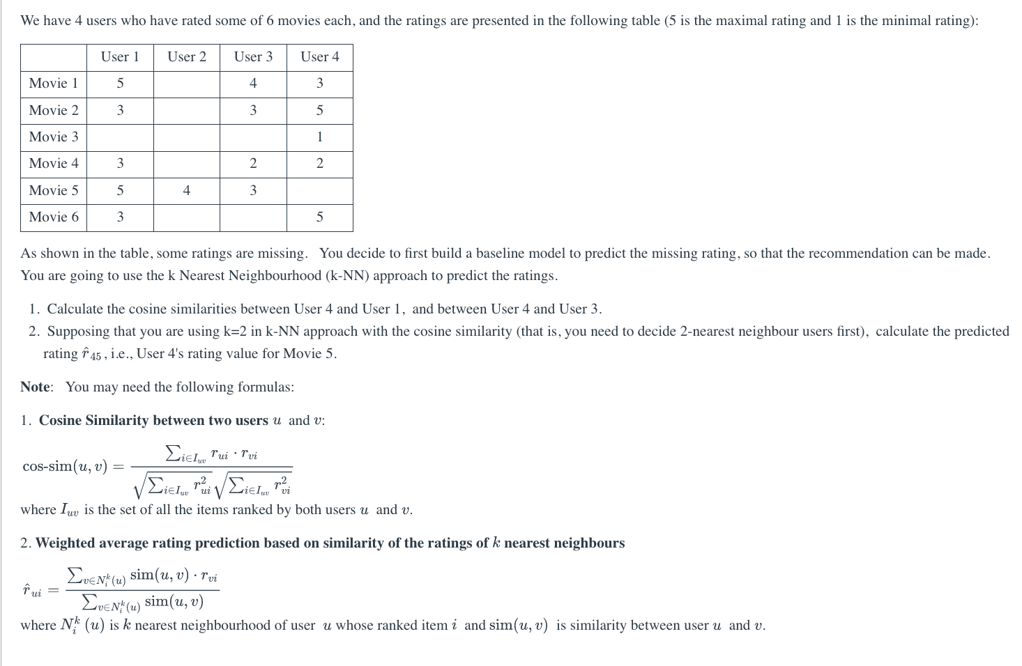 Solved We have 4 users who have rated some of 6 movies each, | Chegg.com