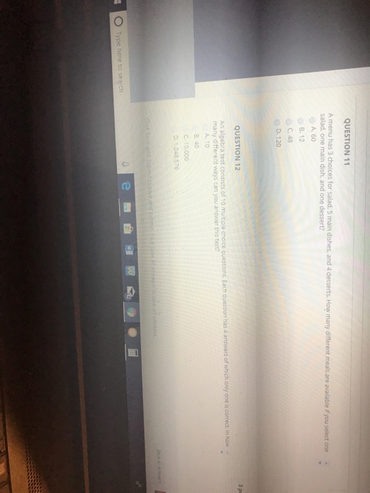 Solved QUESTION 11 A menu has 3 choices for salad, 5 main | Chegg.com