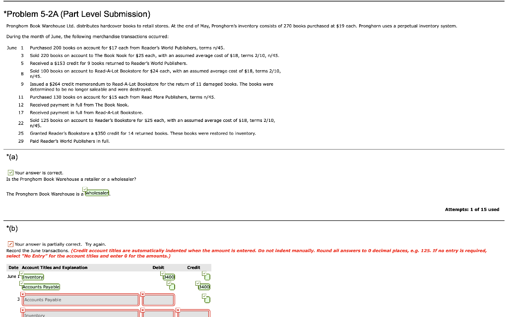 Solved * Problem 5-2A (Part Level Submission) Pronghom Book | Chegg.com