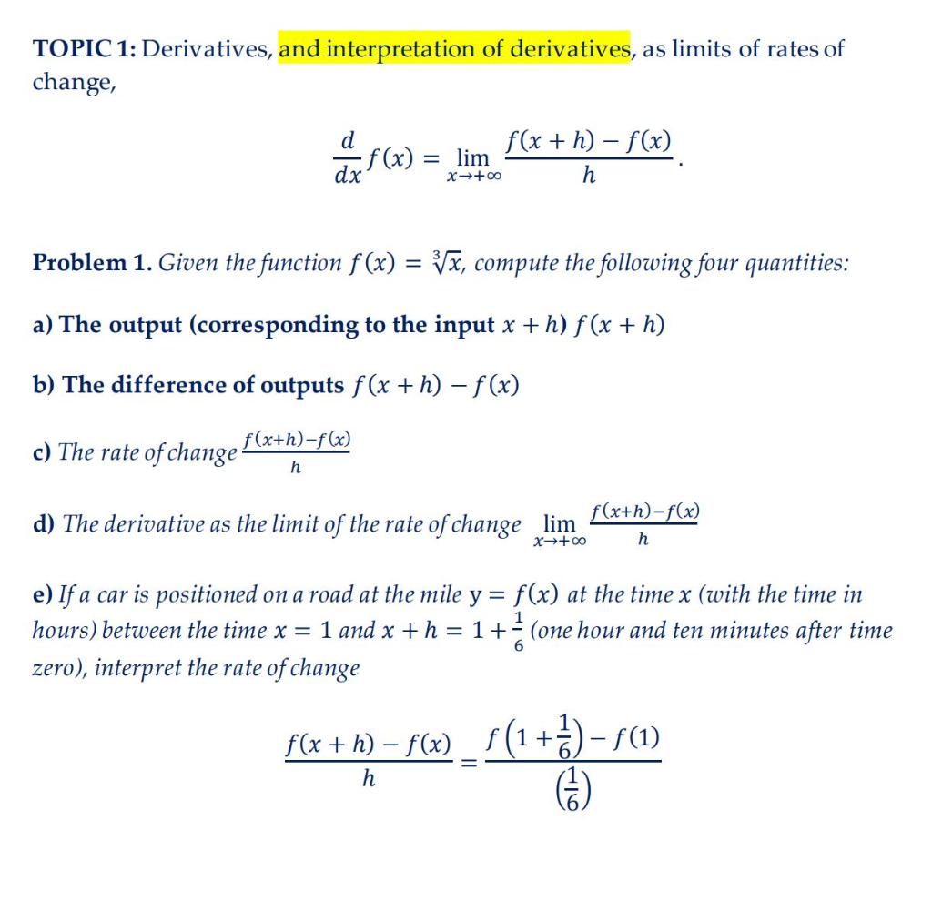 Solved TOPIC 1: Derivatives, and interpretation of | Chegg.com