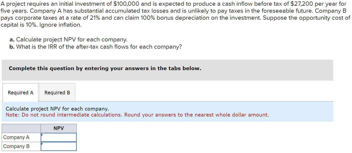 Solved A project requires an initial investment of $100,000 | Chegg.com