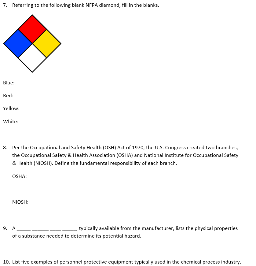 Solved 7. Referring to the following blank NFPA diamond, | Chegg.com