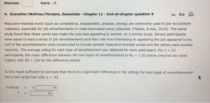 Solved Attempts: Score: /8 6. Gravetter/Wallnau/Forzano, | Chegg.com Solved Attempts: Score: /8 6. Gravetter/Wallnau/Forzano, | Chegg.com