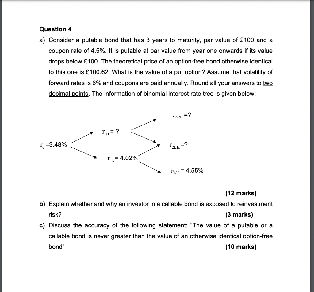 Solved a) Consider a putable bond that has 3 years to | Chegg.com