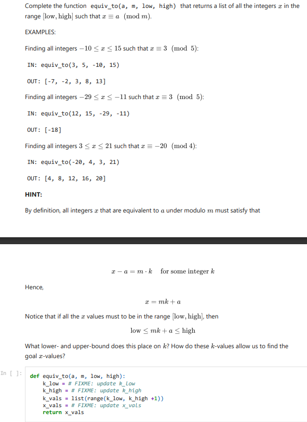 Complete the function equiv_to (a,m, low, high) that | Chegg.com