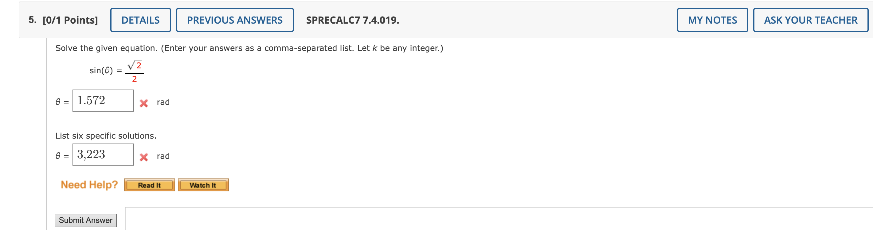 Solved sin(θ)=22 θ= List six specific solutions. | Chegg.com