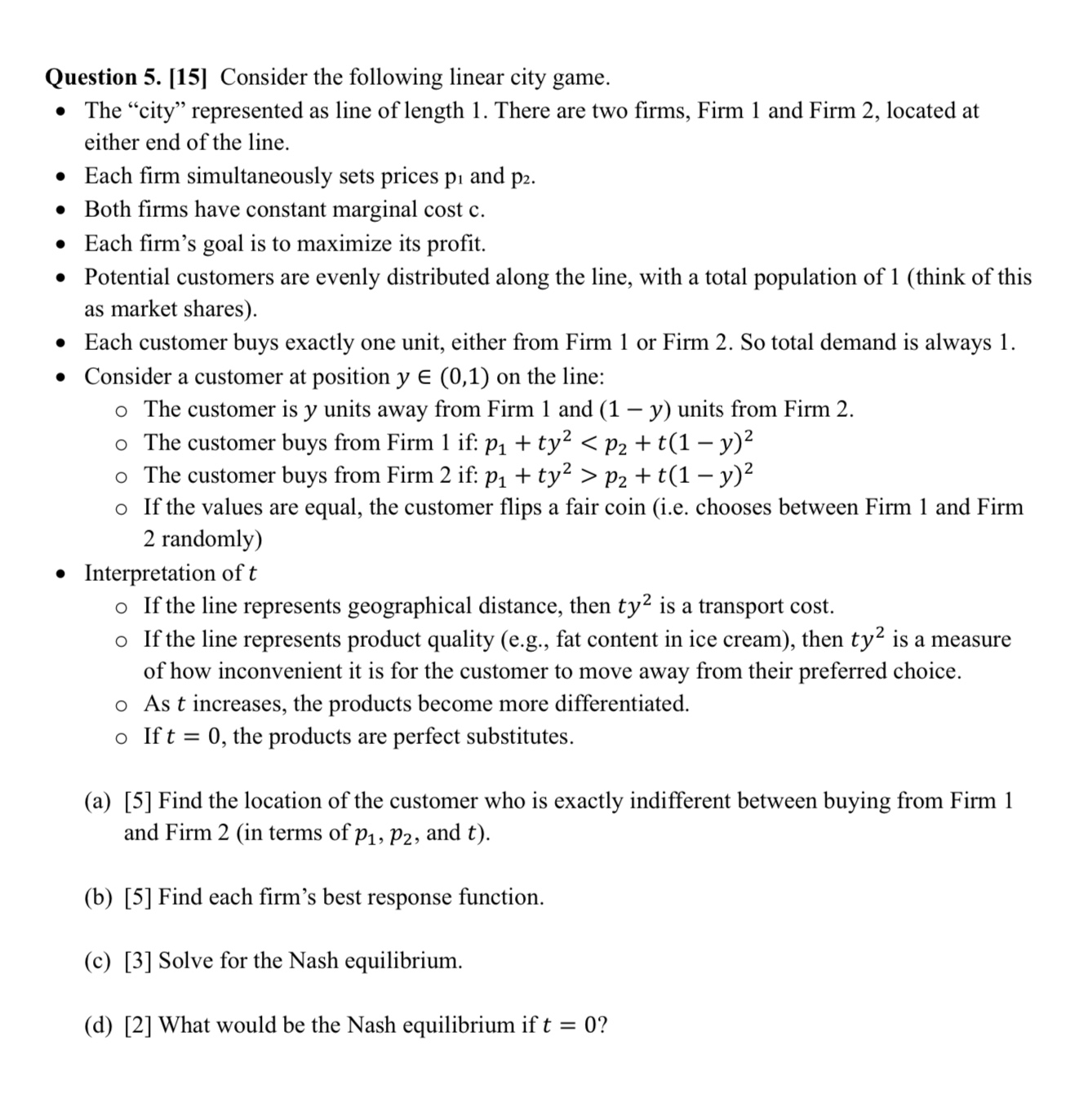 Solved Question 5. [15] ﻿Consider the following linear city | Chegg.com