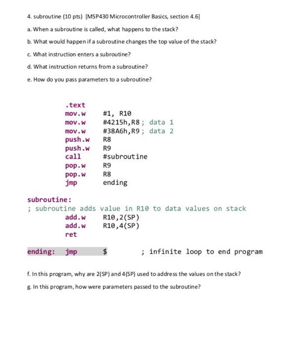 Solved 4. subroutine (10 pts) [MSP430 Microcontroller | Chegg.com