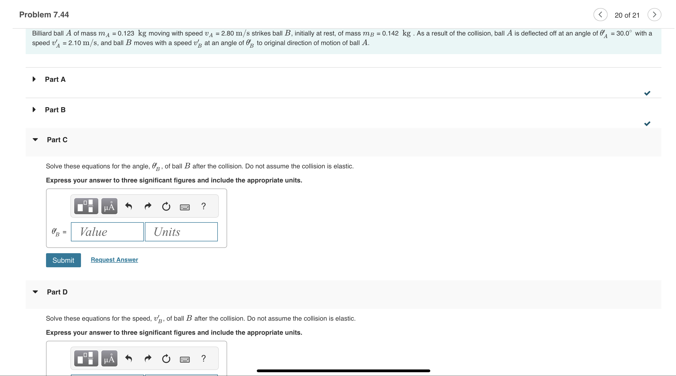 Solved Billiard ball A of mass mA=0.123 kg moving with speed | Chegg.com