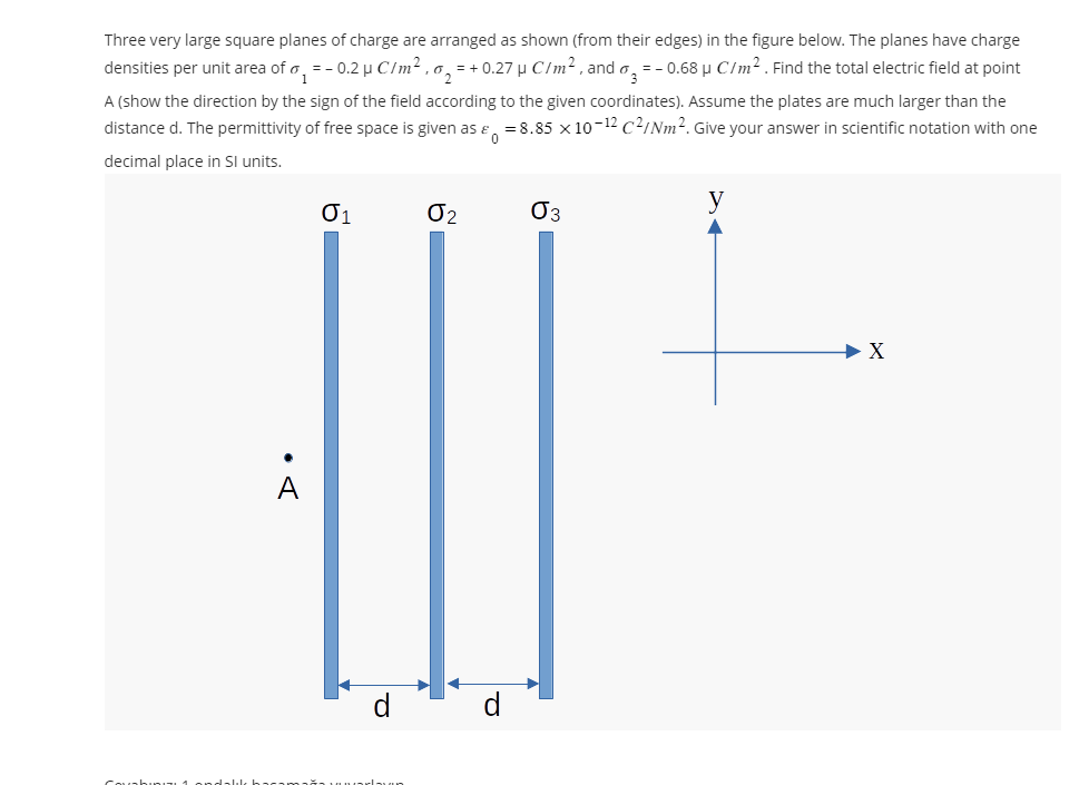 Solved Three very large square planes of charge are arranged | Chegg.com