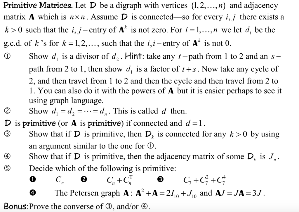 Primitive Matrices. Let D be a digraph with vertices | Chegg.com