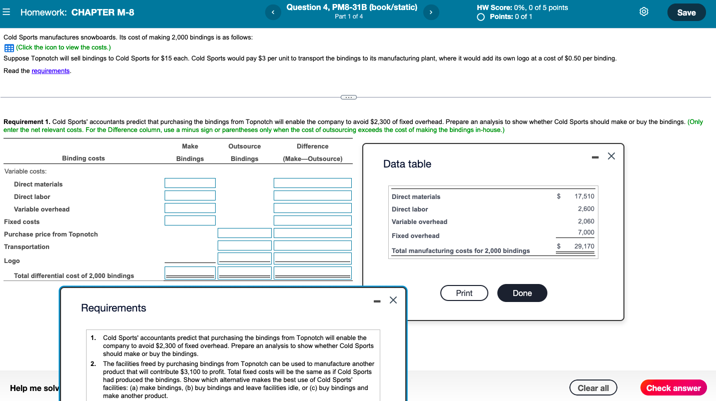 Solved = Homework: CHAPTER M-8 Question 4, PM8-31B | Chegg.com