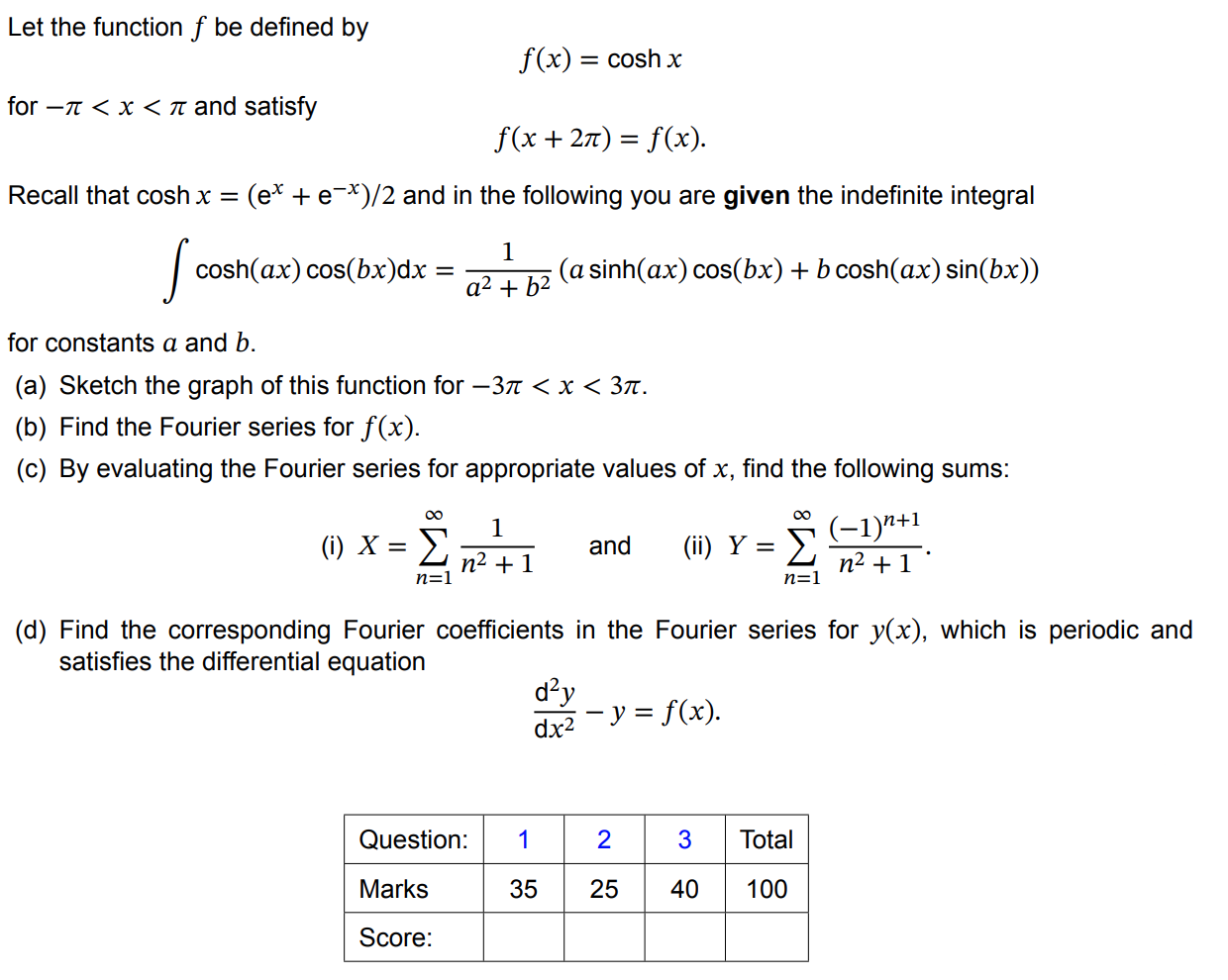 Solved Let the function f be defined by f(x)=coshx for −π | Chegg.com