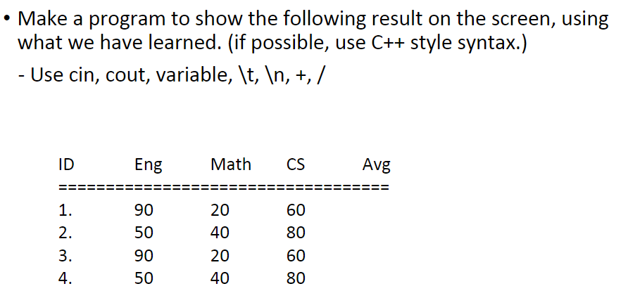 Solved - Make a program to show the following result on the | Chegg.com