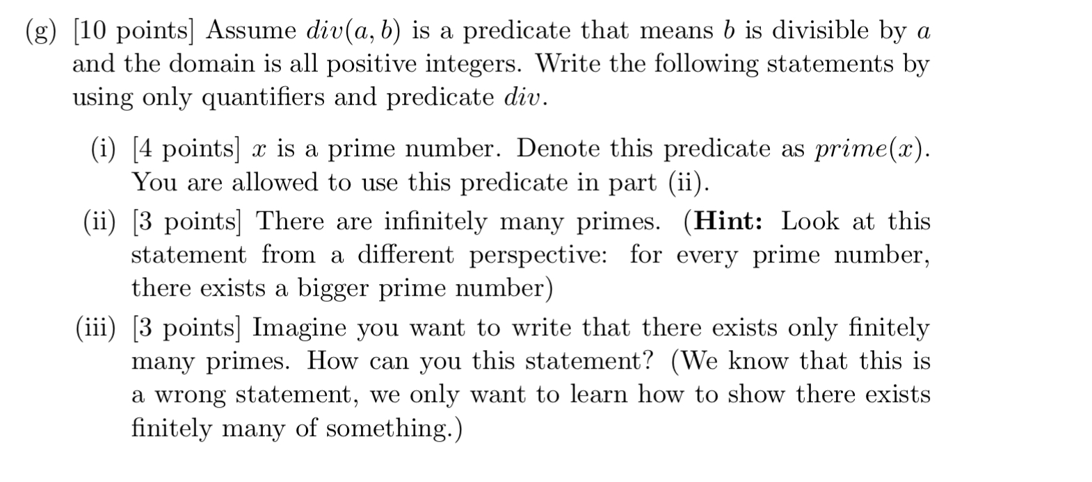 Solved (g) [10 ﻿points] ﻿Assume div(a,b) is ﻿a predicate | Chegg.com