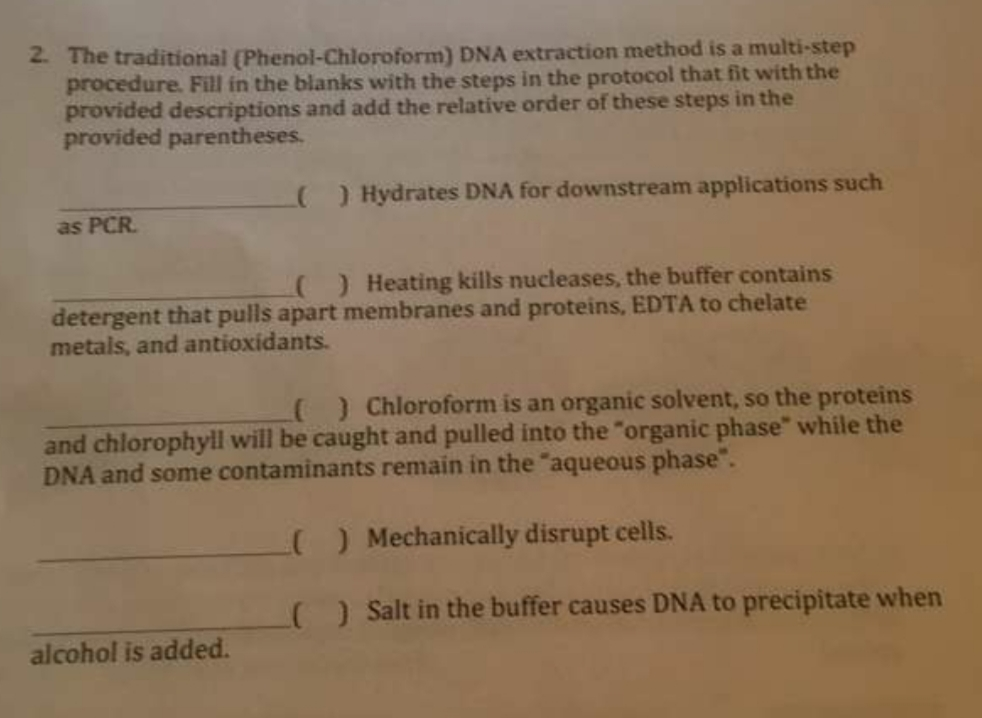 Solved 2. The traditional (Phenol-Chloroform) DNA extraction | Chegg.com