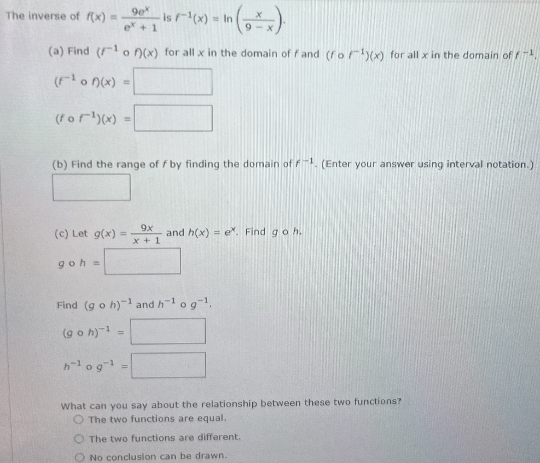 Solved nverse of f(x)=ex+19ex is f−1(x)=ln(9−xx) (a) Find | Chegg.com