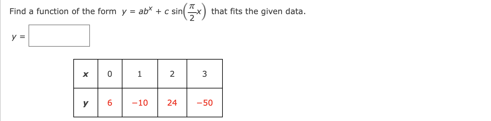 Solved Find a function of the form y=abx+csin(2πx) that fits | Chegg.com