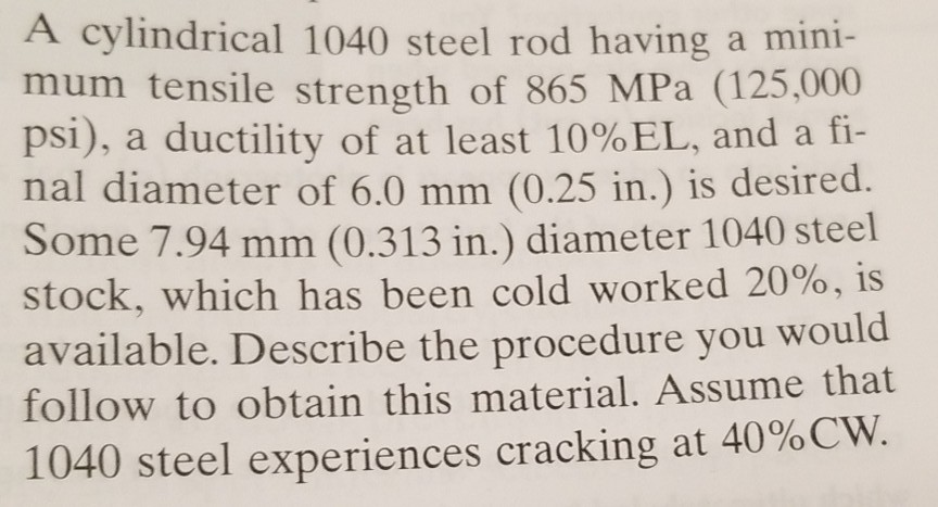 Solved A cylindrical 1040 steel rod having a mini- mum | Chegg.com