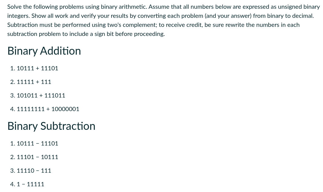 Solved Solve the following problems using binary arithmetic. | Chegg.com