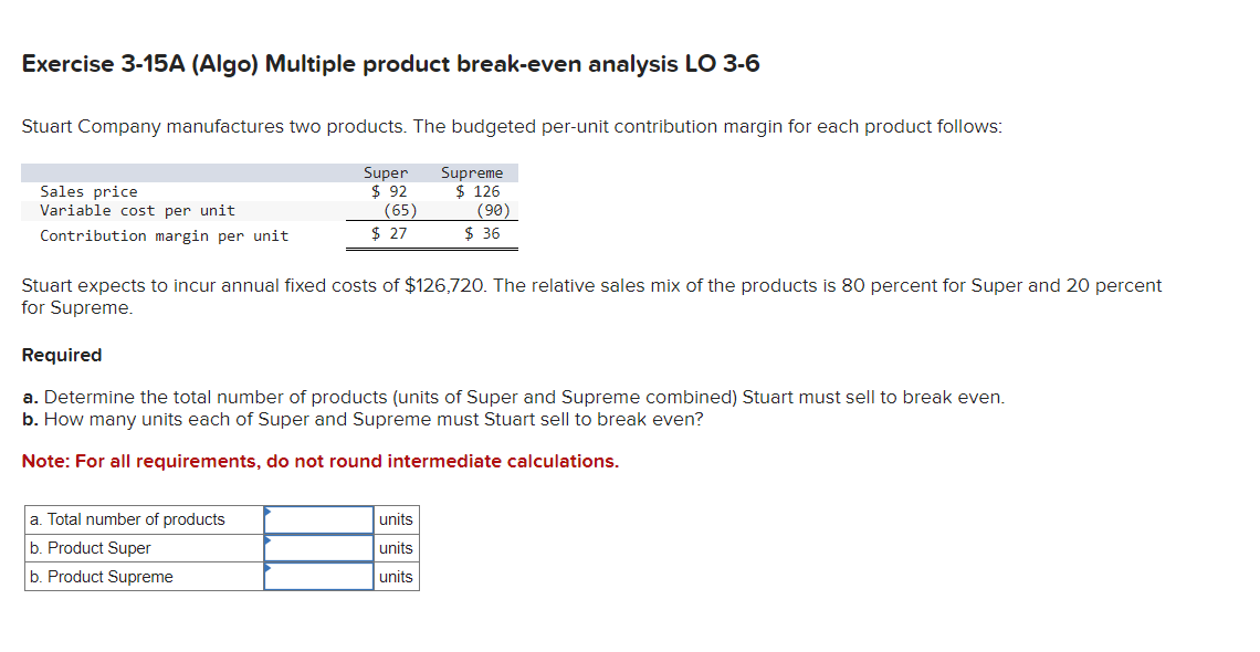 Solved Exercise 3-15A (Algo) Multiple product break-even | Chegg.com