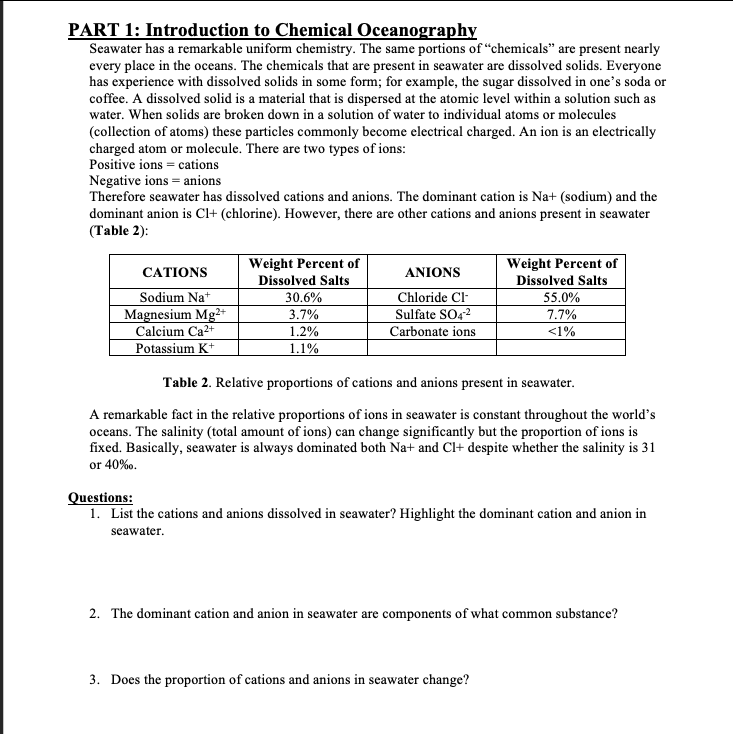 Solved PART 1: Introduction to Chemical Oceanography | Chegg.com